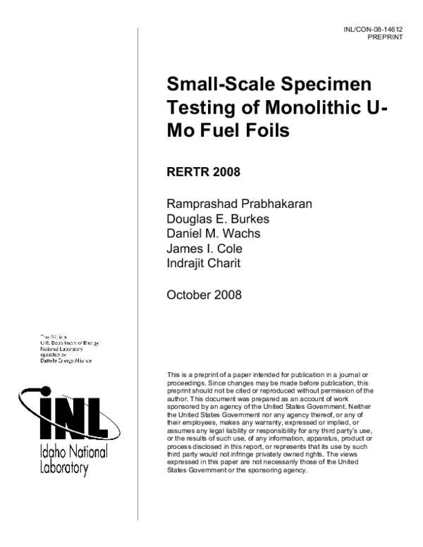 (PDF) Small-scale Specimen Testing of Monolithic U-Mo Fuel Foils