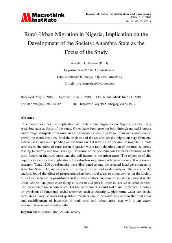 (PDF) Rural-Urban Migration in Nigeria, Implication on the Development ...
