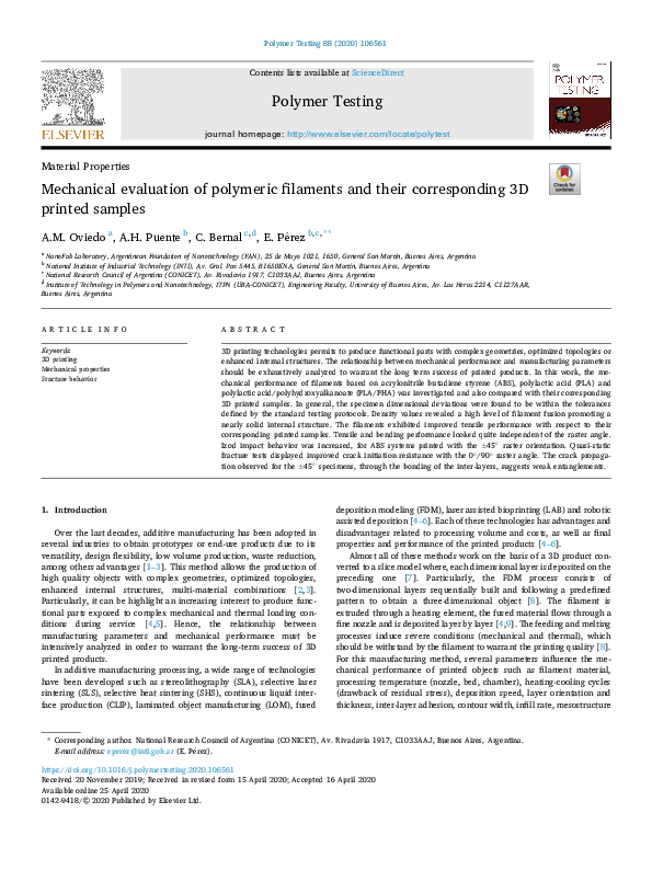 (PDF) Mechanical evaluation of polymeric filaments and their corresponding 3D printed samples