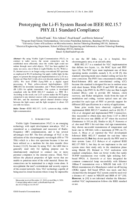 (PDF) Prototyping the Li-Fi System Based on IEEE 802.15.7 PHY.II.1 Standard Compliance