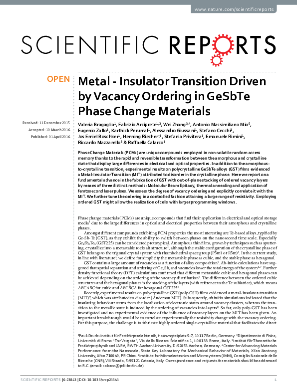 (PDF) Metal - Insulator Transition Driven by Vacancy Ordering in GeSbTe ...