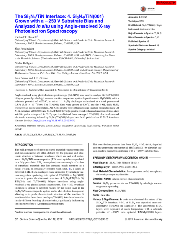 (PDF) The Si3N4/TiN Interface: 4. Si3N4/TiN(001) Grown with a −250 V ...