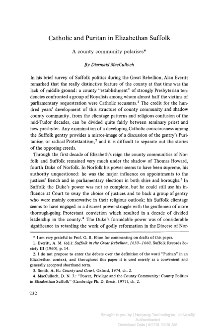 (PDF) Catholic and Puritan in Elizabethan Suffolk