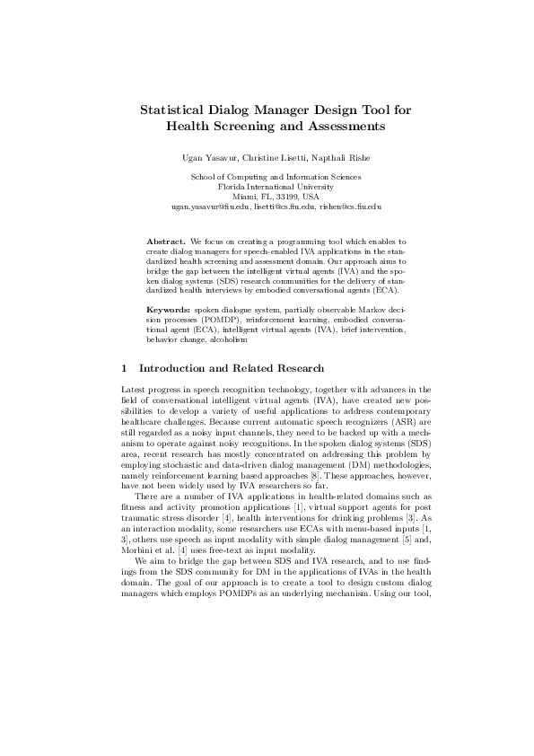 (PDF) Statistical Dialog Manager Design Tool for Health Screening and Assessments | Christine ...