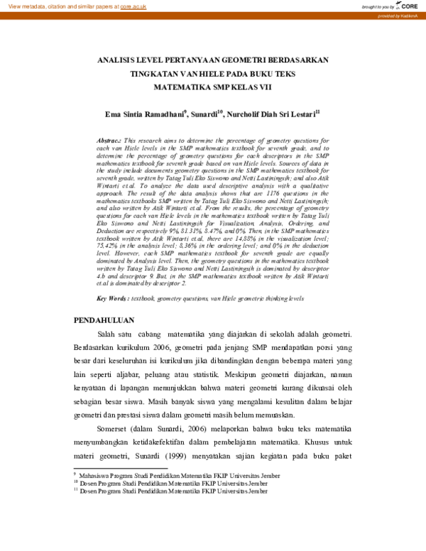 (PDF) Analisis Level Pertanyaan Geometri Berdasarkan Tingkatan Van Hiele Pada Buku Teks ...