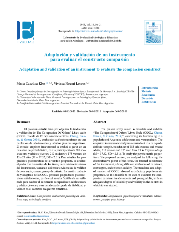 (PDF) Adaptación y validación de un instrumento para evaluar el constructo compasión