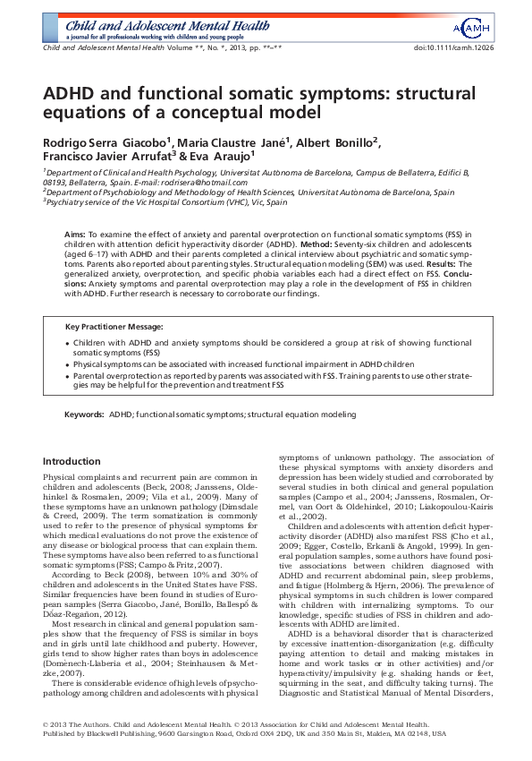 (PDF) ADHD and functional somatic symptoms: structural equations of a ...