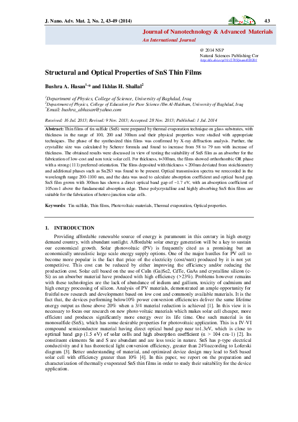 (PDF) Structural and Optical Properties of SnS Thin Films