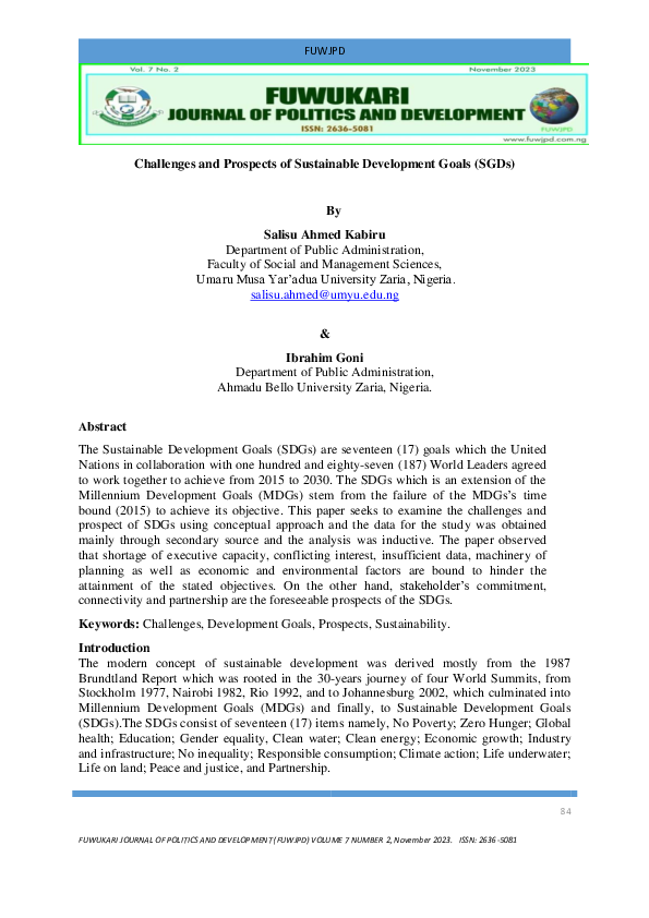 (PDF) Challenges and Prospects of Sustainable Development Goals (SGDs