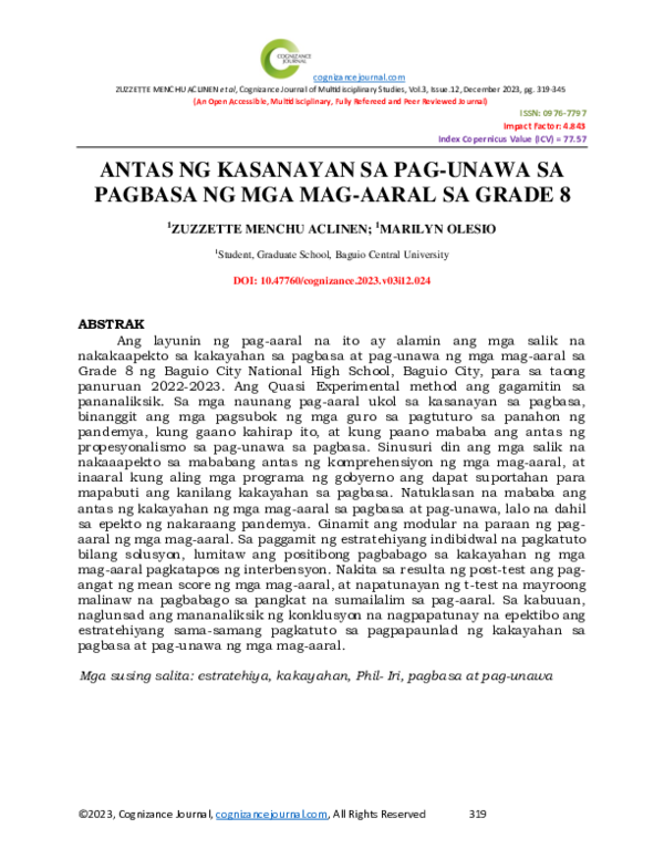 (PDF) ANTAS NG KASANAYAN SA PAG-UNAWA SA PAGBASA NG MGA MAG-AARAL SA GRADE 8