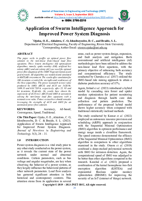 (PDF) Application of Swarm Intelligence Approach for Improved Power System Diagnosis | OTONYE ...