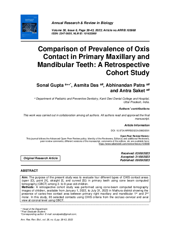 (PDF) Comparison of Prevalence of Oxis Contact in Primary Maxillary and ...