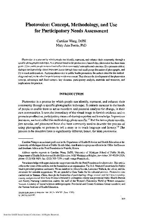 (PDF) Photovoice: Concept, Methodology, and Use for Participatory Needs Assessment