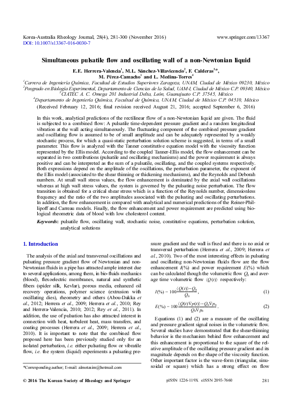 Pdf Simultaneous Pulsatile Flow And Oscillating Wall Of A Non Newtonian Liquid