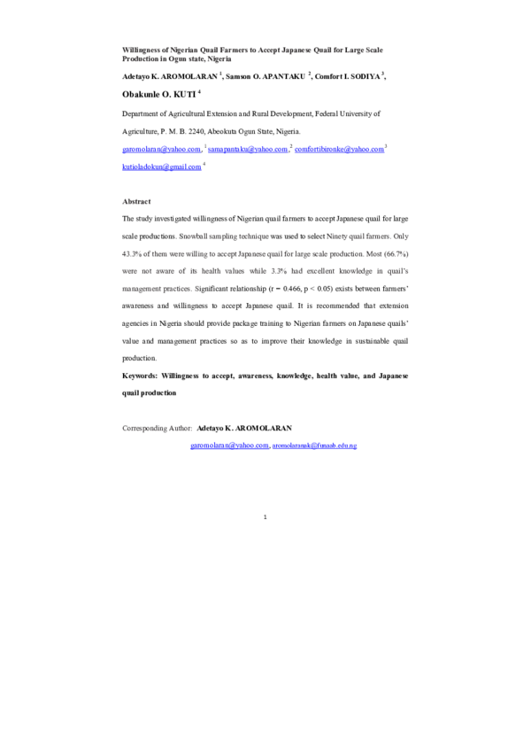 (PDF) Willingness of Nigerian Quail Farmers to Accept Japanese Quail ...
