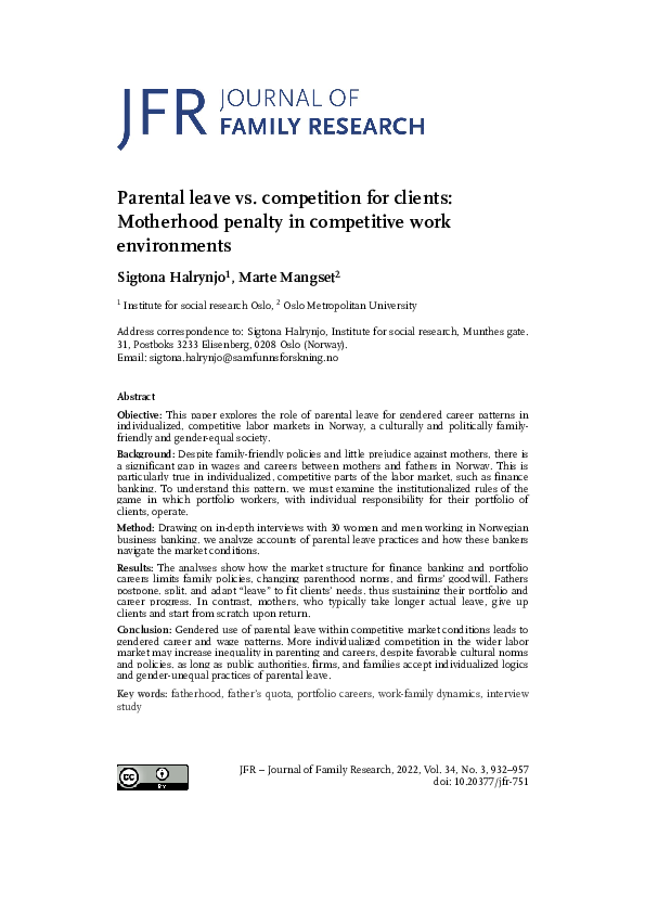(PDF) Parental leave vs. competition for clients: Motherhood penalty in ...