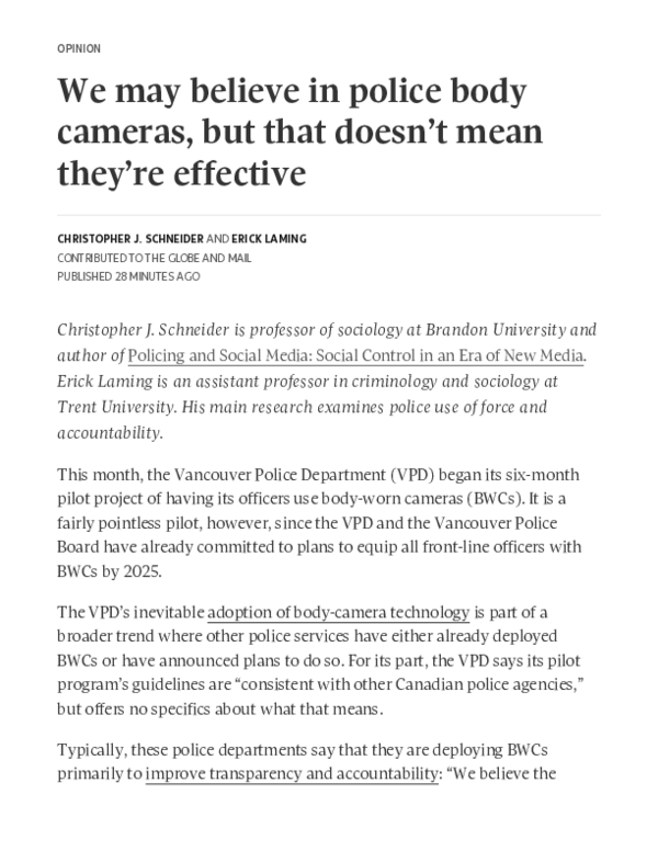 (PDF) We may believe in police body cameras, but that doesn't mean they ...