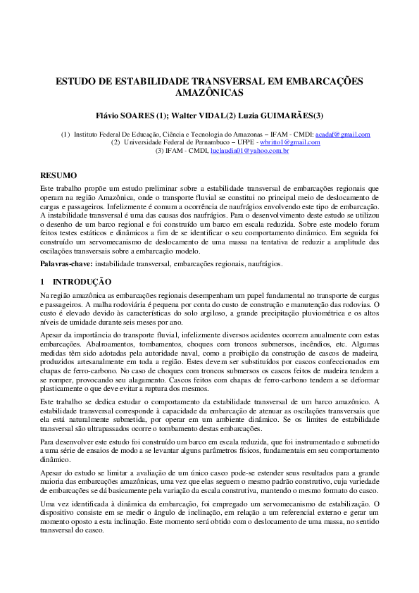 (PDF) Estudo De Estabilidade Transversal Em Embarcações Amazônicas