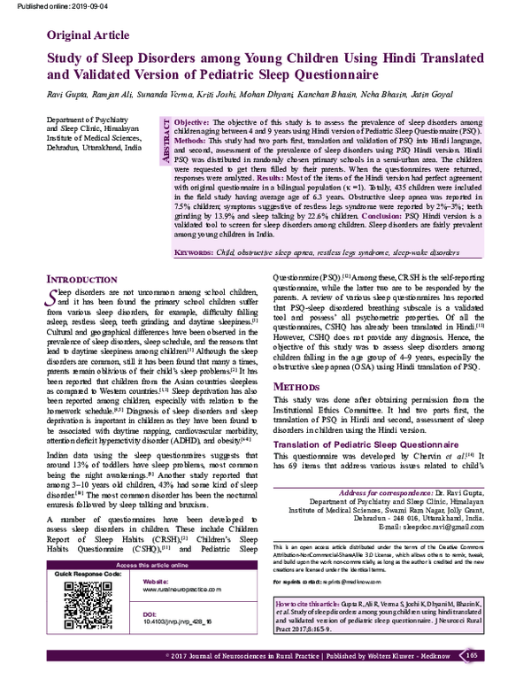 (PDF) Study of Sleep Disorders among Young Children Using Hindi ...