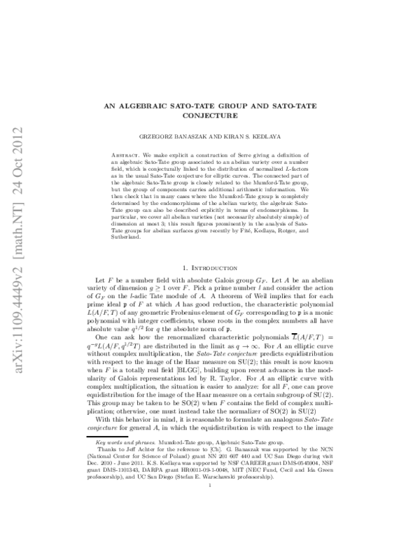 (PDF) An algebraic Sato-Tate group and Sato-Tate conjecture