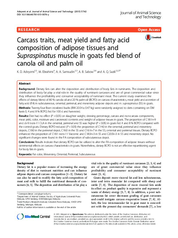 (PDF) Carcass traits, meat yield and fatty acid composition of adipose ...