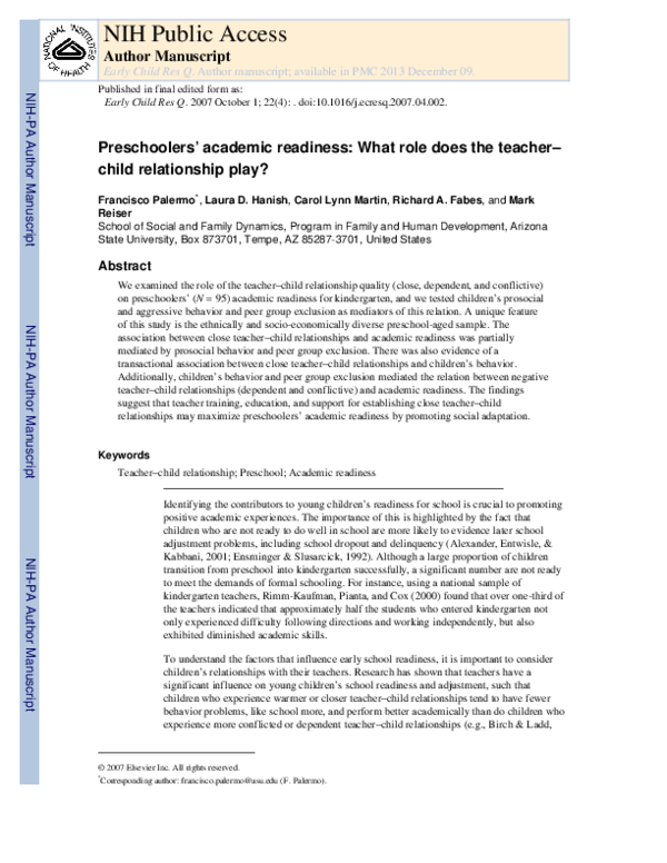 (PDF) Preschoolers’ academic readiness: What role does the teacher–child relationship play?