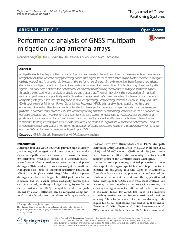 (PDF) Performance analysis of GNSS multipath mitigation using antenna arrays | Gérard Lachapelle ...
