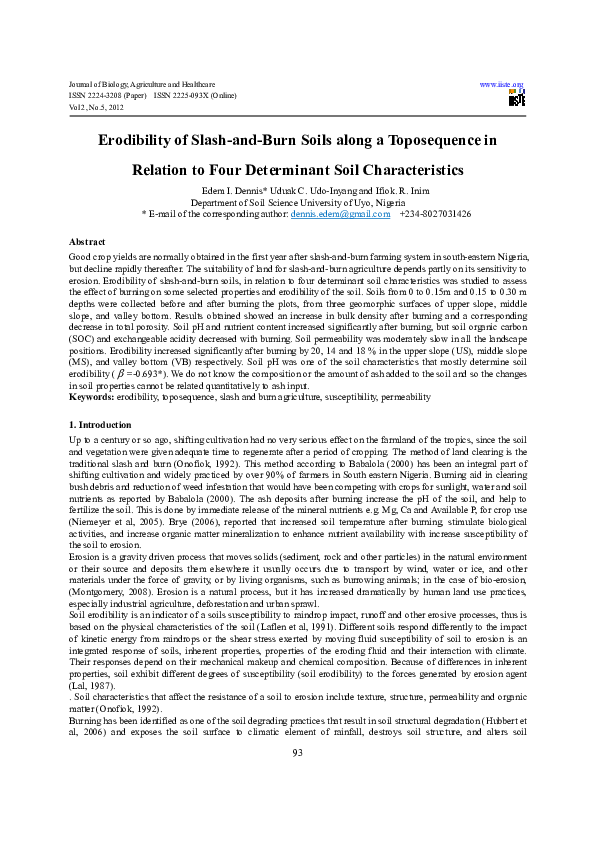 (PDF) Erodibility of Slash-and-Burn Soils along a Toposequence in Relation to Four Determinant ...