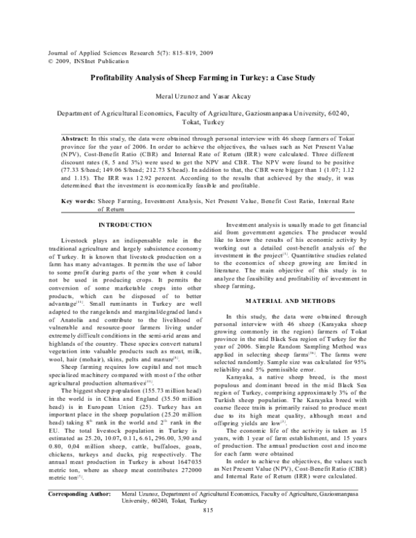 (PDF) Profitability Analysis of Sheep Farming in Turkey: A Case Study
