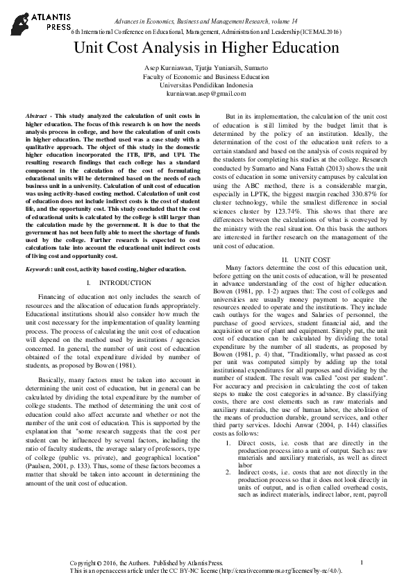 (PDF) Unit Cost Analysis in Higher Education
