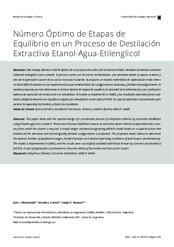 (PDF) Número Óptimo de Etapas de Equilibrio en un Proceso de Destilación Extractiva Etanol-Agua ...