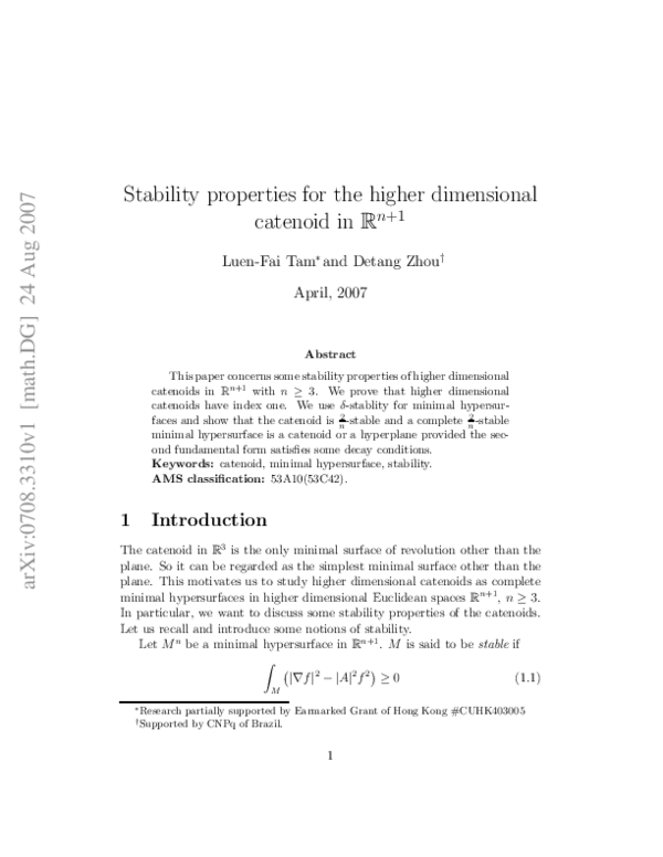 (PDF) Stability properties for the higher dimensional catenoid in $\rr ...