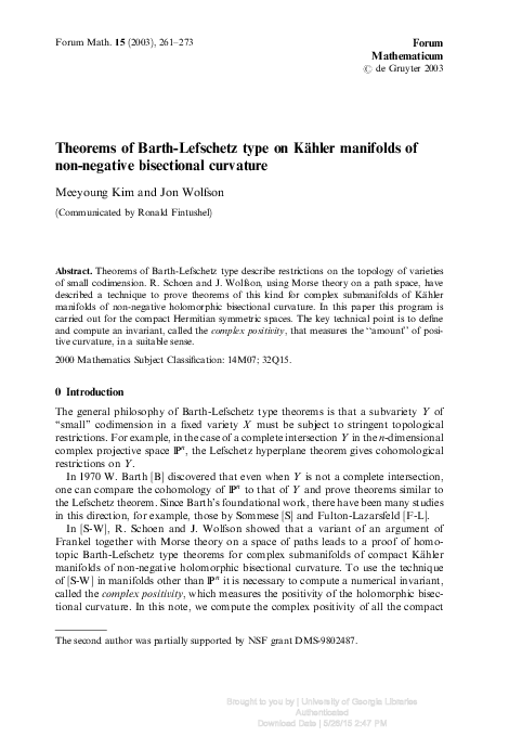 (PDF) Theorems of Barth-Lefschetz Type on Kähler Manifolds with ...