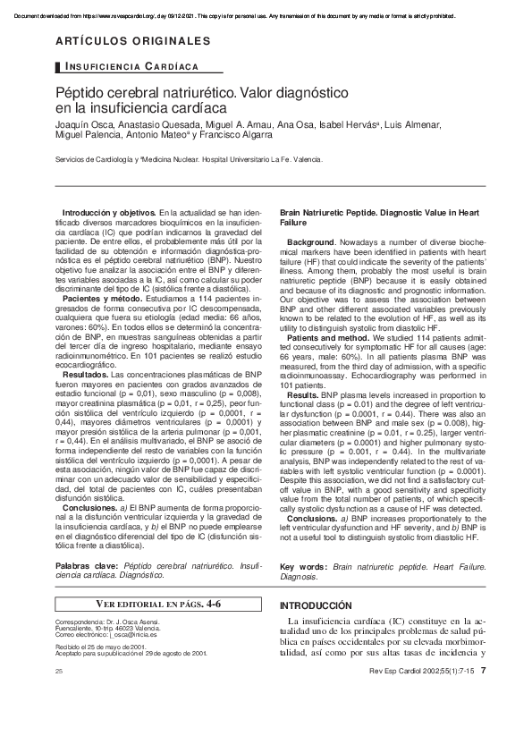 (PDF) Péptido cerebral natriurético. Valor diagnóstico en la insuficiencia cardíaca