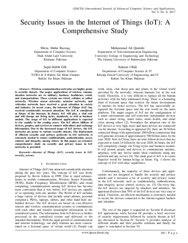 (PDF) Security Issues in the Internet of Things (IoT): A Comprehensive Study