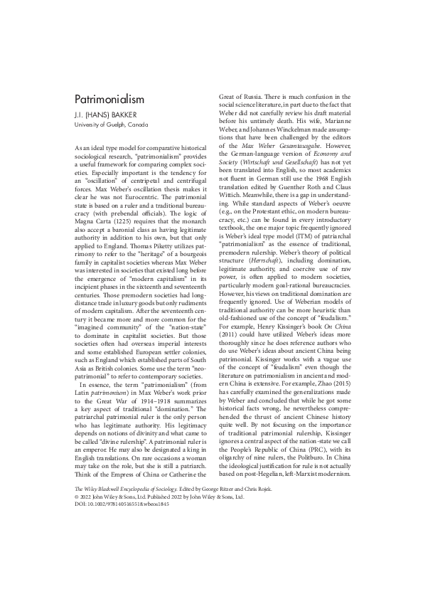 (PDF) Bakker 2022 Patrimonialism in Blackwell Encycl of Soc online