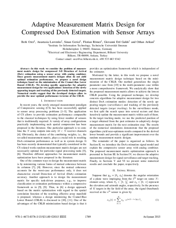 Pdf Adaptive Measurement Matrix Design For Compressed Doa Estimation With Sensor Arrays