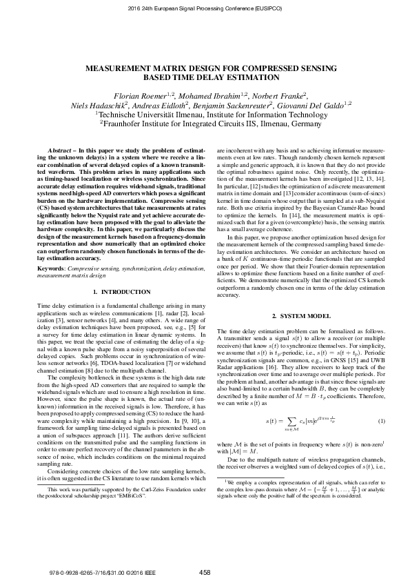 (PDF) Measurement matrix design for compressed sensing based time delay estimation