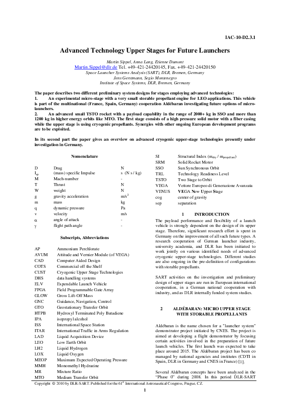 (PDF) Advanced Technology Upper Stages for Future Launchers