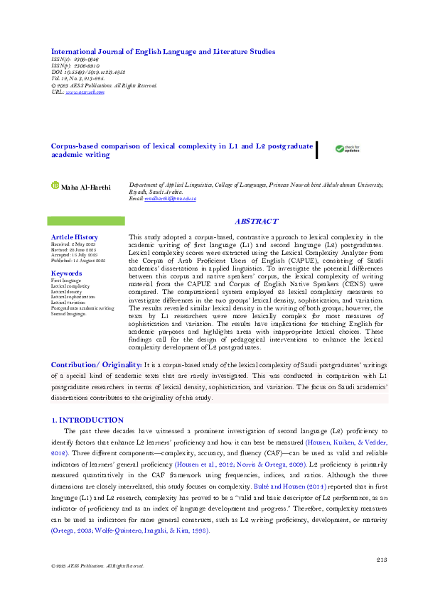(PDF) Corpus-based comparison of lexical complexity in L1 and L2 postgraduate academic writing