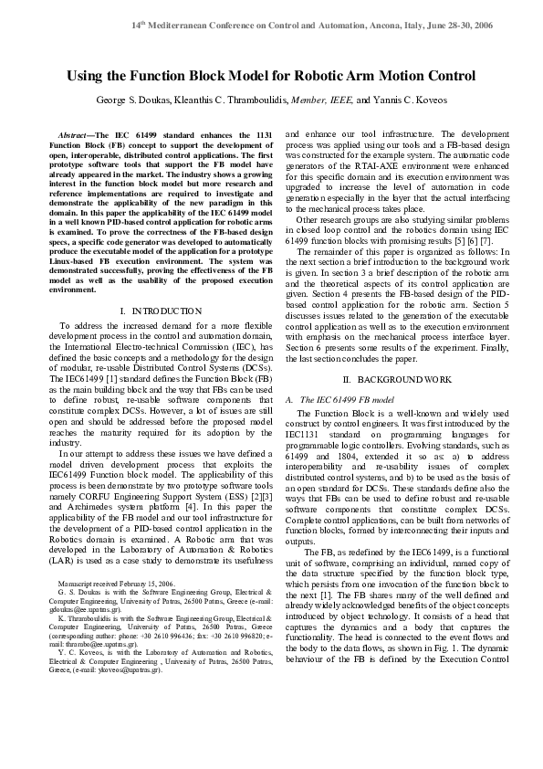 (PDF) Using the Function Block Model for Robotic Arm Motion Control
