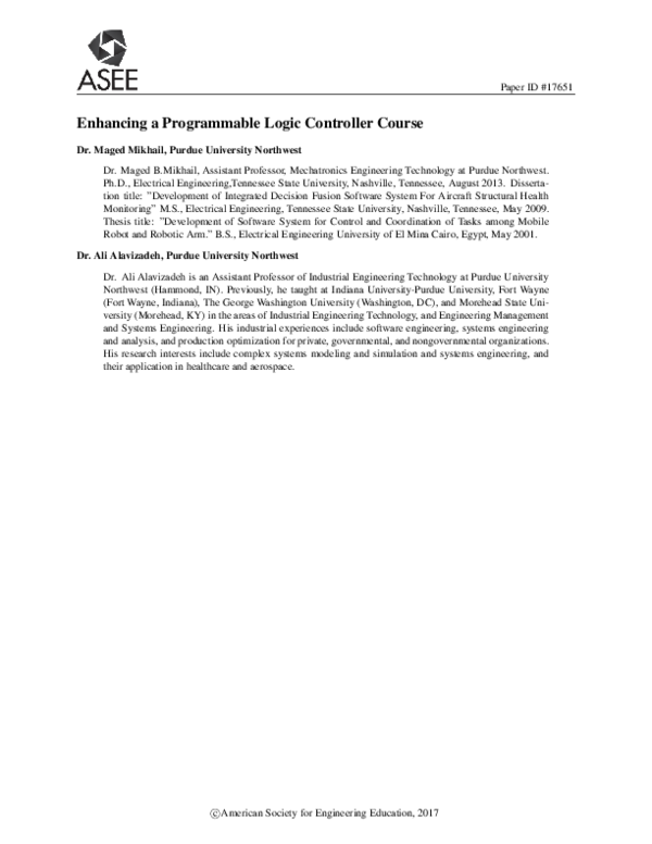 (PDF) Enhancing a Programmable Logic Controller Course