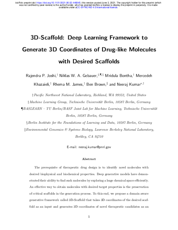 Pdf 3d Scaffold Deep Learning Framework To Generate 3d Coordinates Of Drug Like Molecules 