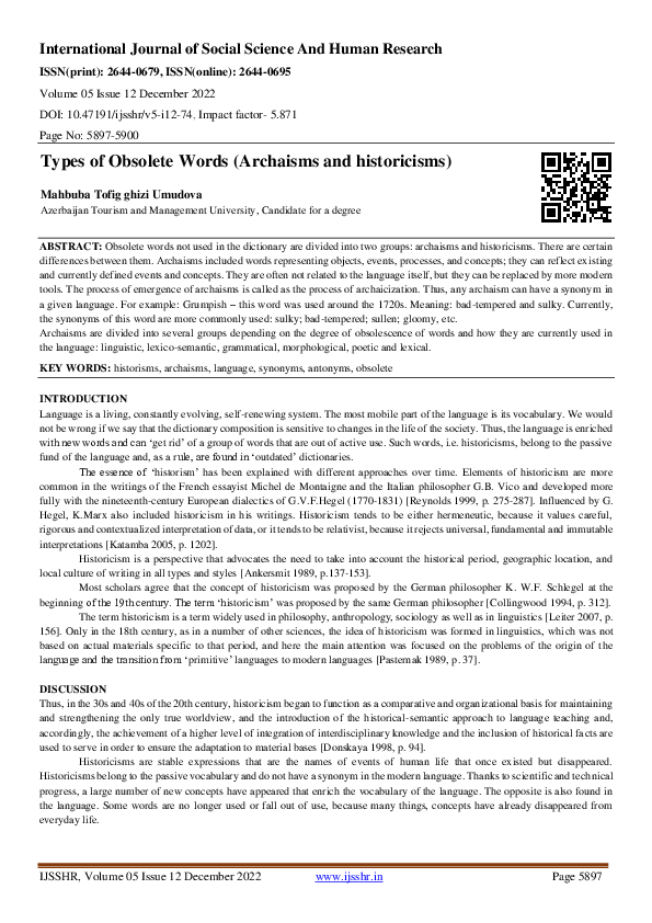 (PDF) Types of Obsolete Words (Archaisms and historicisms)