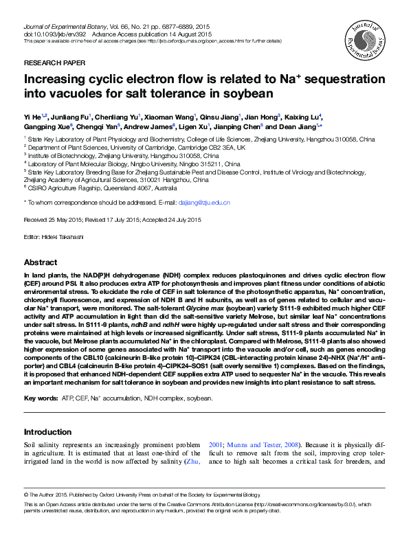 (PDF) Increasing cyclic electron flow is related to Na+sequestration ...