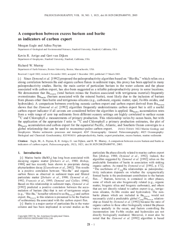 (PDF) A comparison between excess barium and barite as indicators of ...