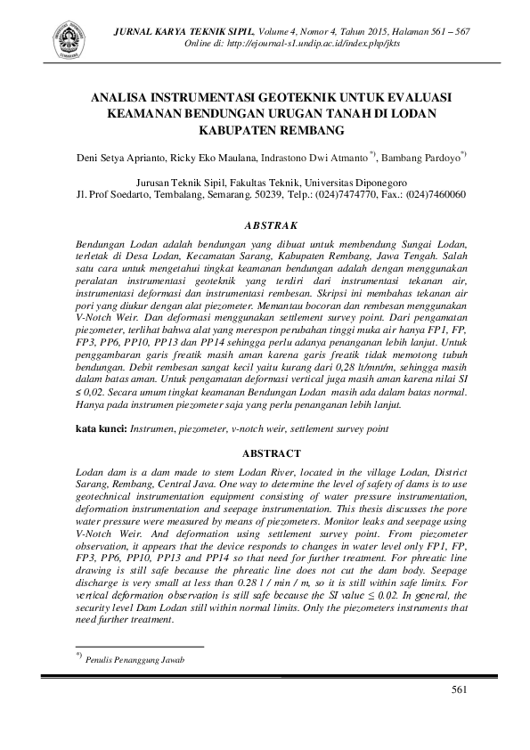 (PDF) Analisa Instrumentasi Geoteknik Untuk Evaluasi Keamanan Bendungan Urugan Tanah DI Lodan ...