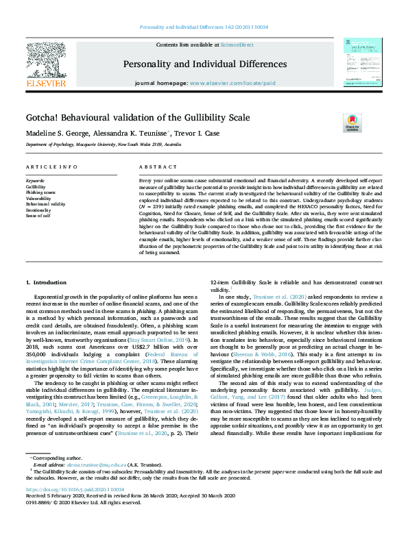 (PDF) Gotcha! Behavioural validation of the Gullibility Scale