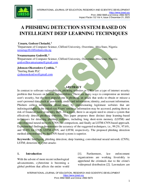 Pdf A Phishing Detection System Based On Intelligent Deep Learning Techniques