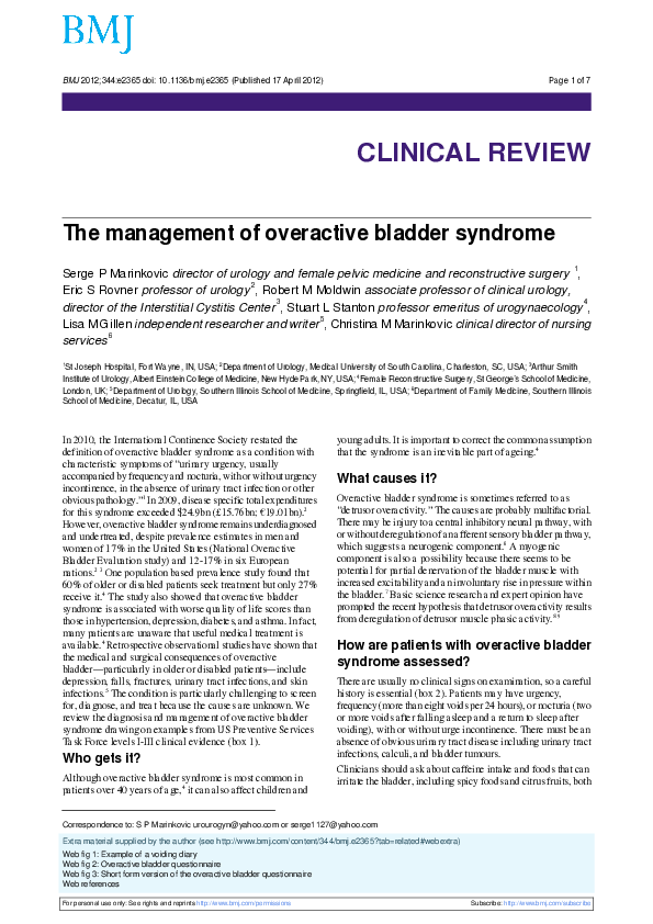 (PDF) Management of overactive bladder syndrome | serge marinkovic ...